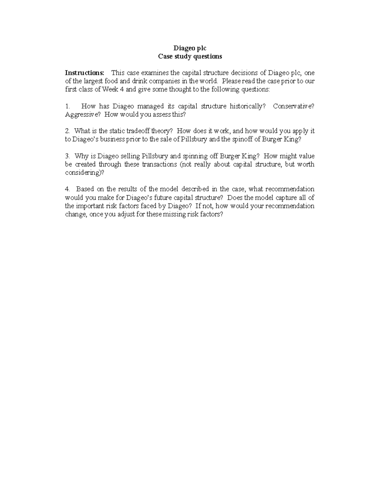 Diageo plc Capital Structure Case Study Questions (Week 4) - Studocu