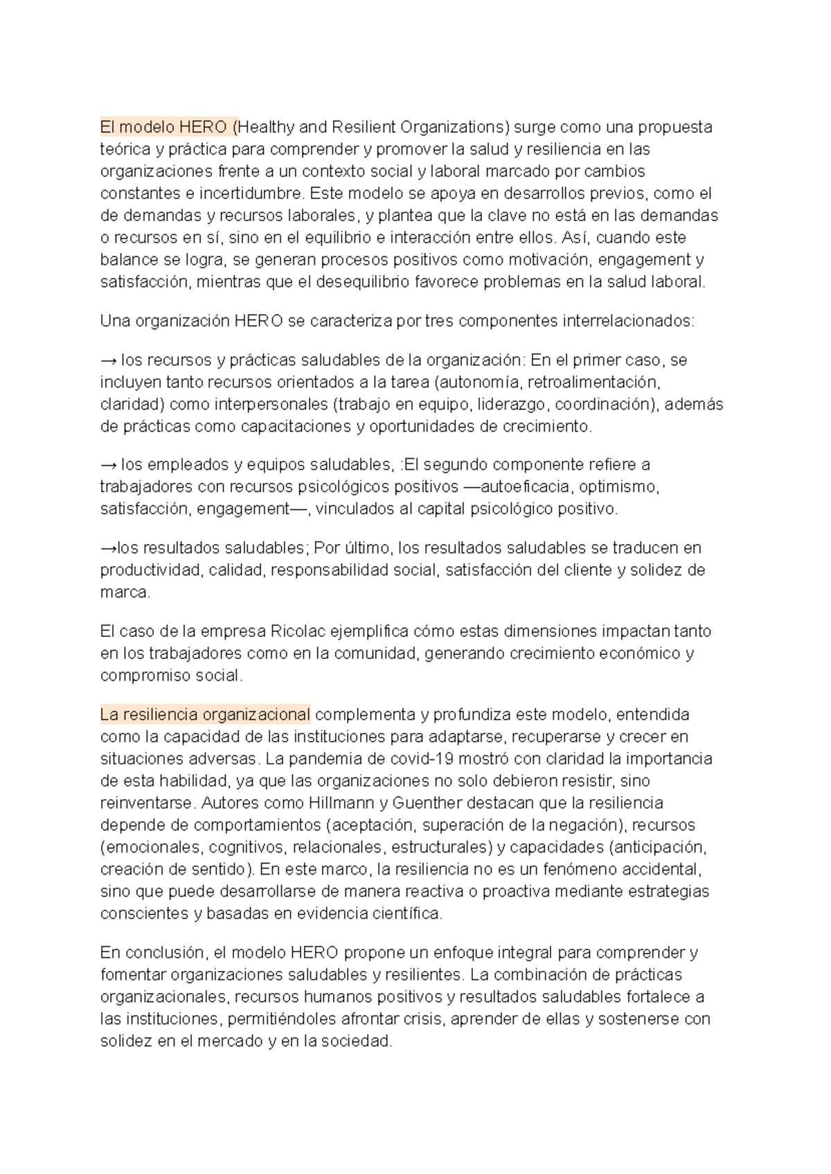 Resumen del Modelo HERO y Resiliencia Organizacional - Studocu