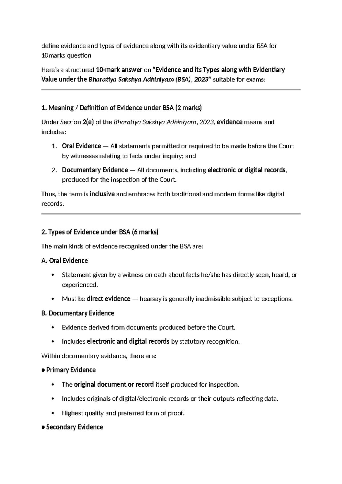 BSA Important Questions: Types of Evidence and Their Evidentiary Value ...