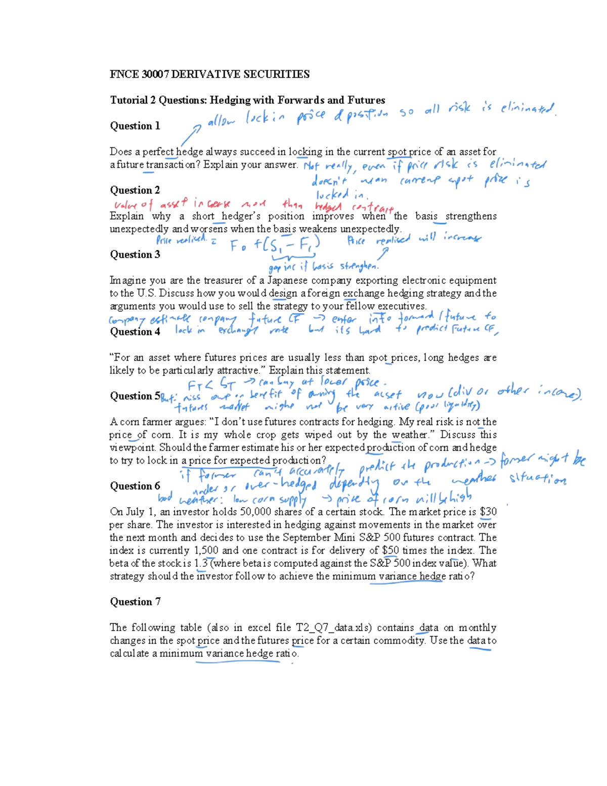 FNCE 301: Derivative Securities Tutorial 2 - Hedging Strategies and Questions - Studocu