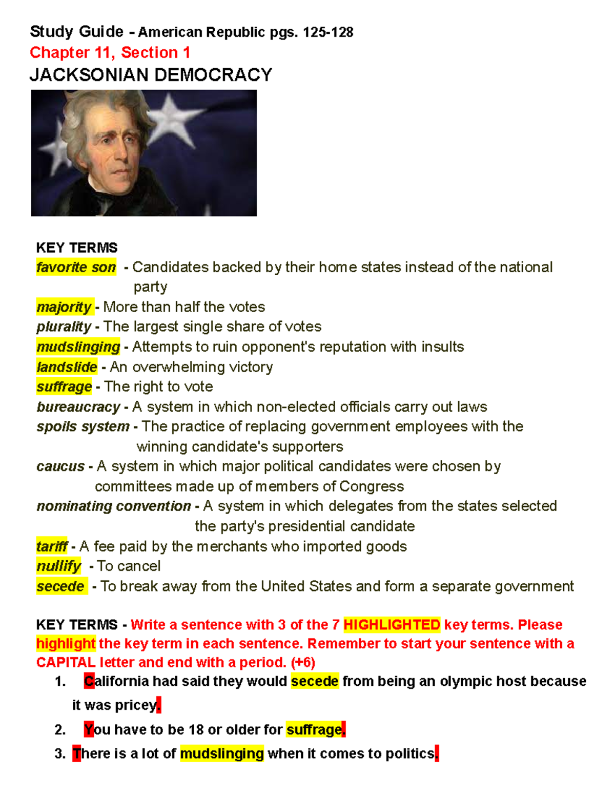 - AR 125 - 128 Jacksonian Democracy - Study Guide - American Republic ...