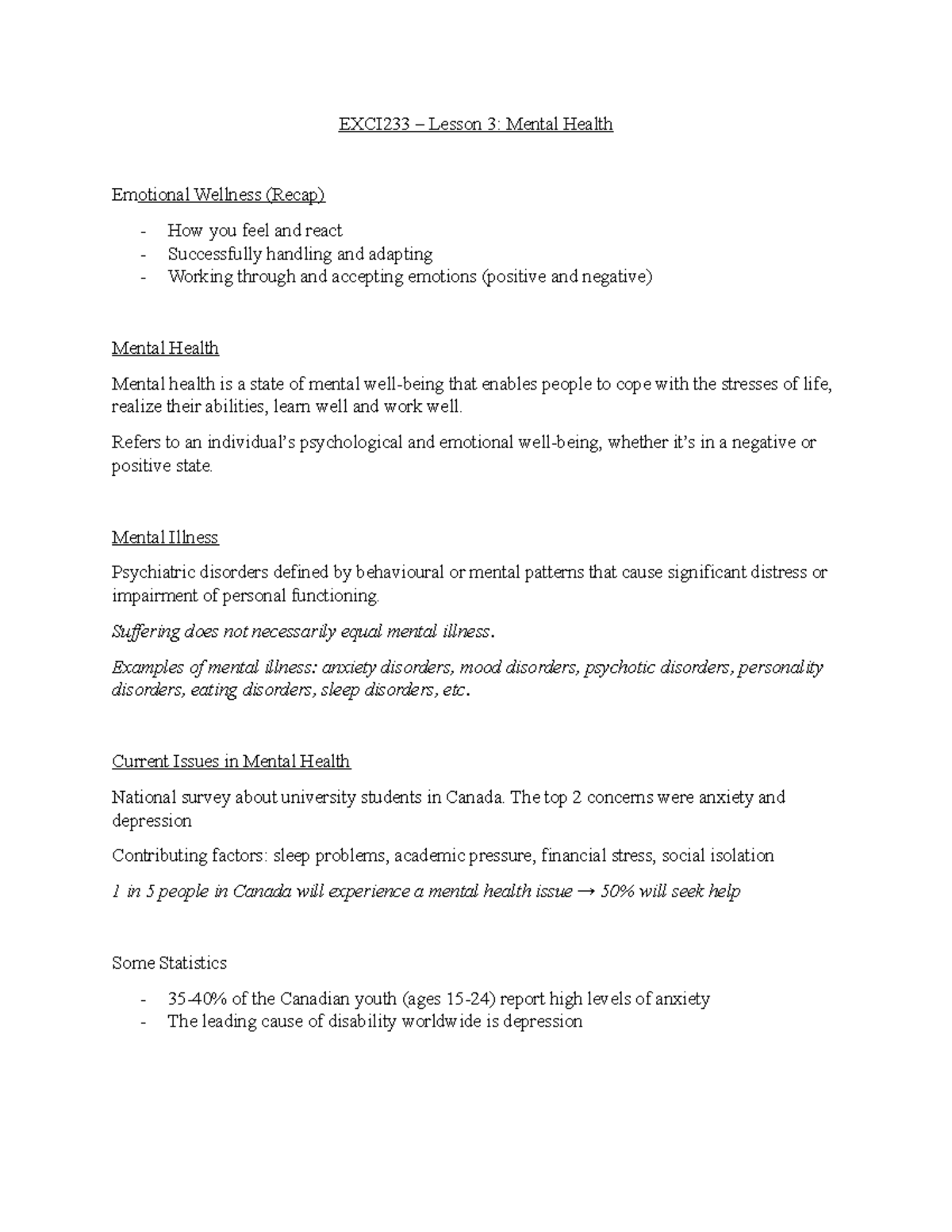 EXCI233 Lesson 3: Understanding Mental Health and Wellness - Studocu