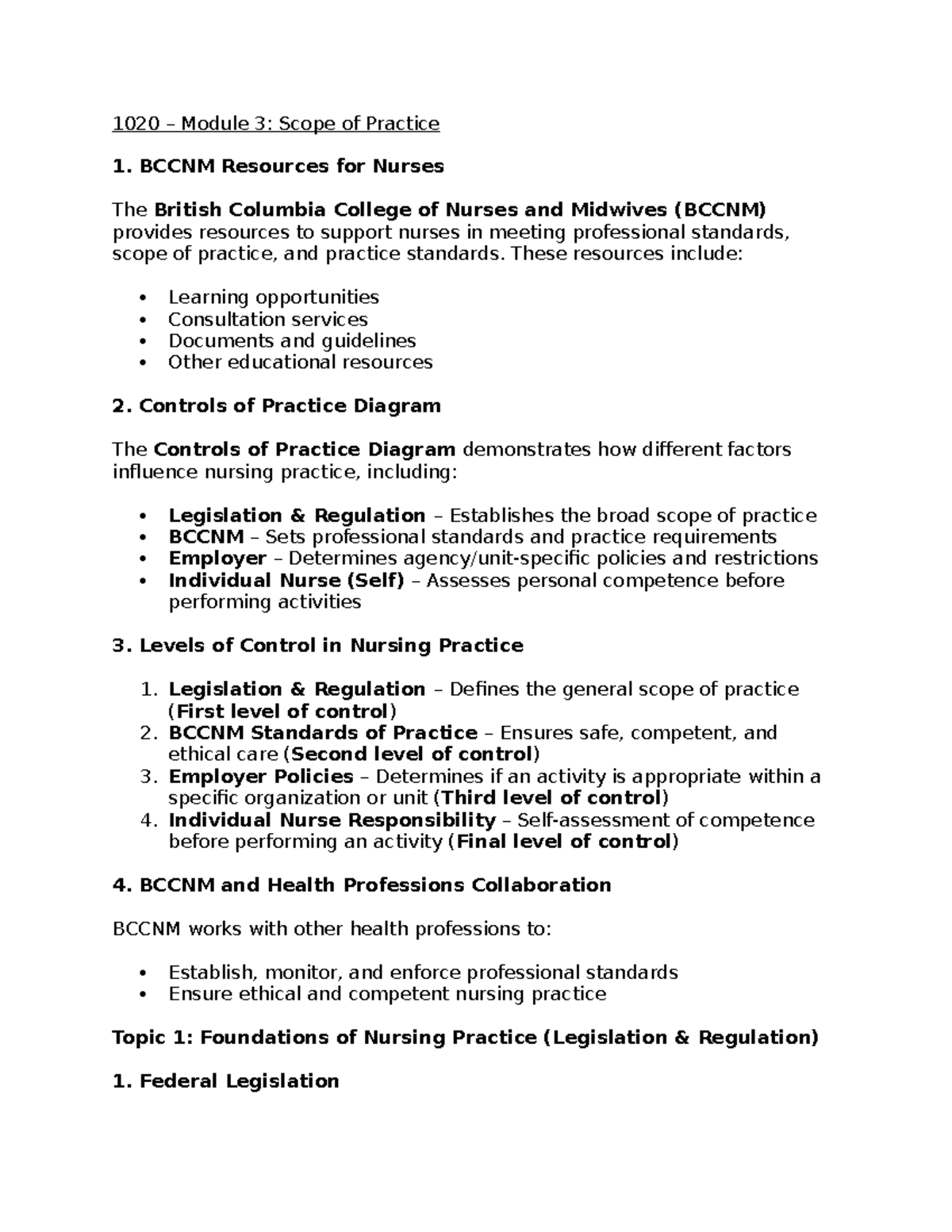 Module 3 Notes - 1020 – Module 3: Scope of Practice 1. BCCNM Resources ...
