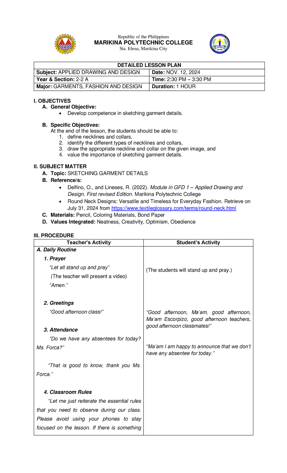 Final-DEMO-K - Detailed Lesson Plan - Republic of the Philippines MARIKINA POLYTECHNIC COLLEGE ...