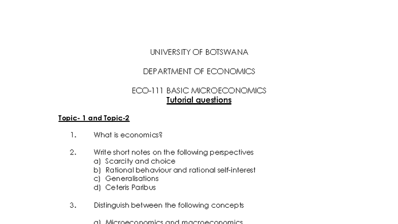 ECO 111 - Basic Microeconomics Tutorial Questions - Sept 2020 - Studocu