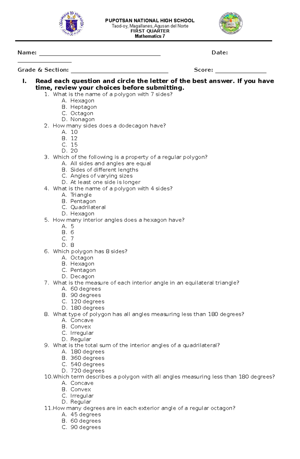 MATH 7 Q1 - Mathematics 7 Quarter 1 Exam Questions and Answers - Studocu