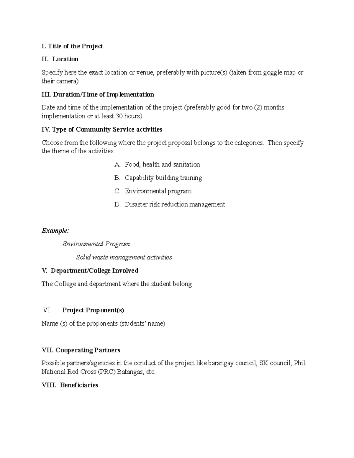 NSTP-CWTS Community Service Project Proposal Outline - Studocu