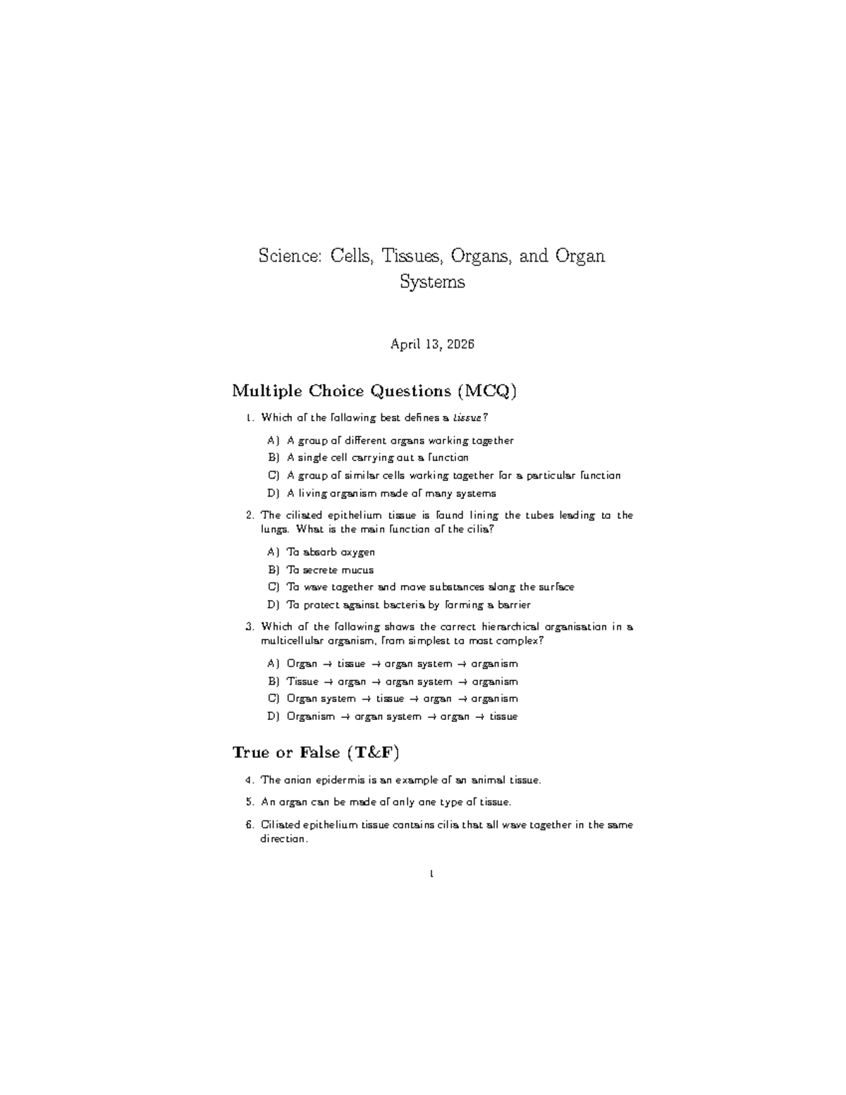 Science: Cells, Tissues, Organs, and Organ Systems MCQ (April 2026 ...