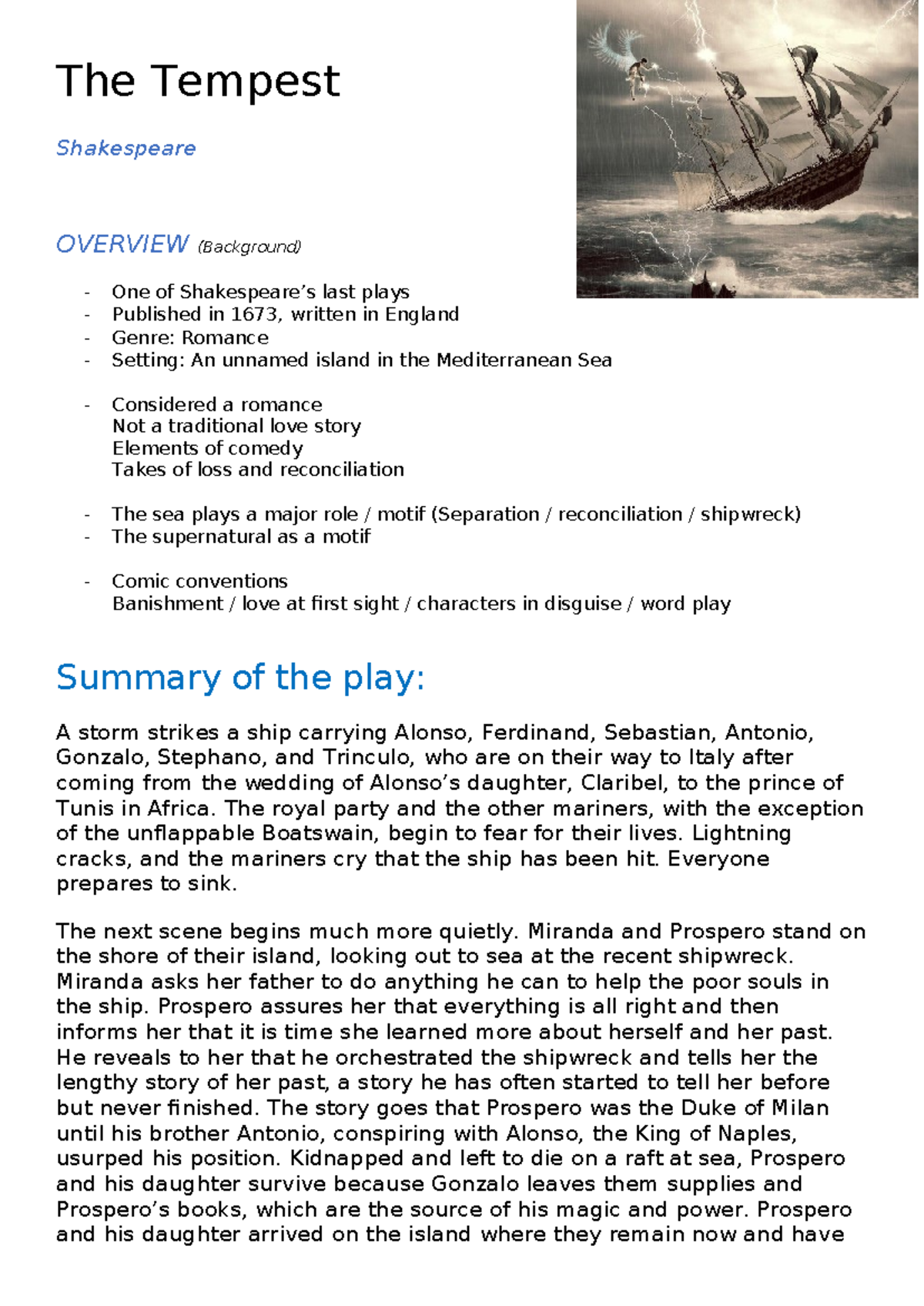 The Tempest notes - The Tempest Shakespeare OVERVIEW (Background) - One ...