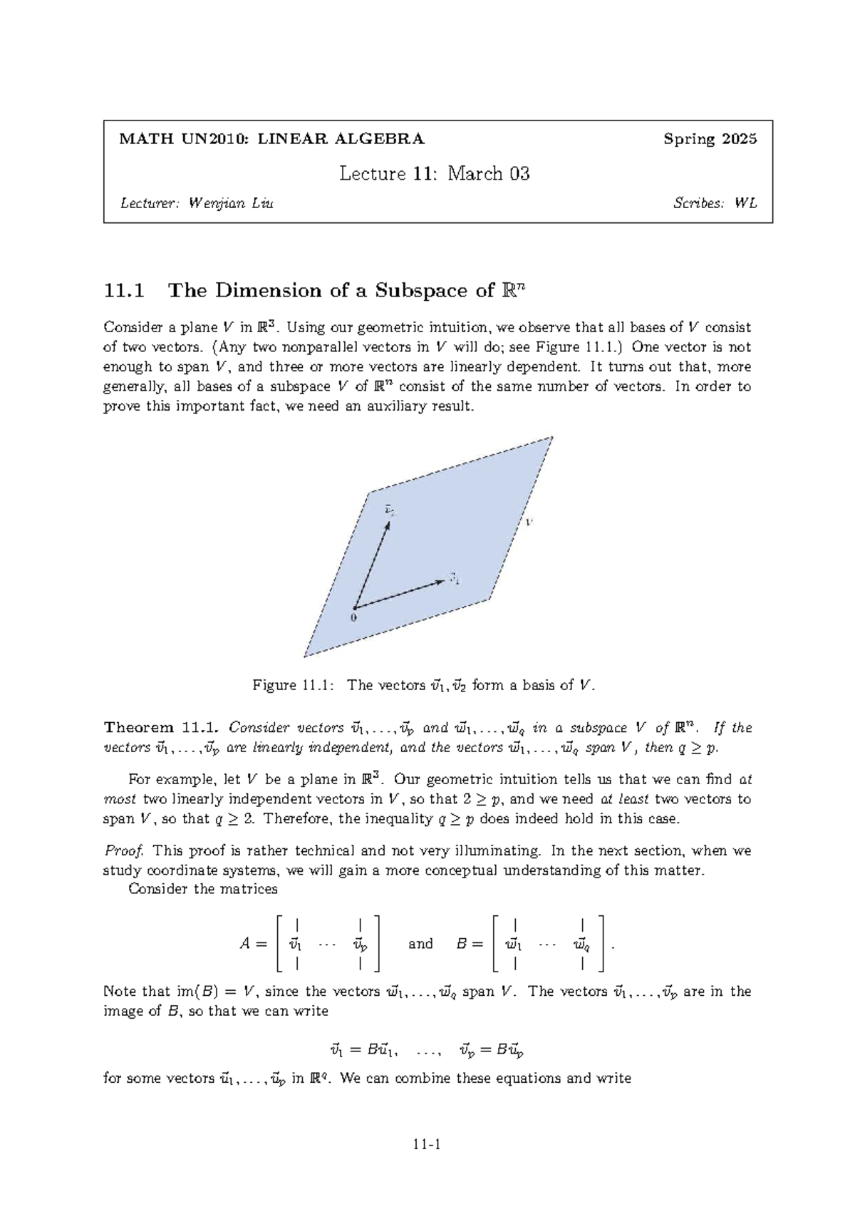 MATH UN2010: Linear Algebra Spring 2025 Lecture 11 - Dimension of ...