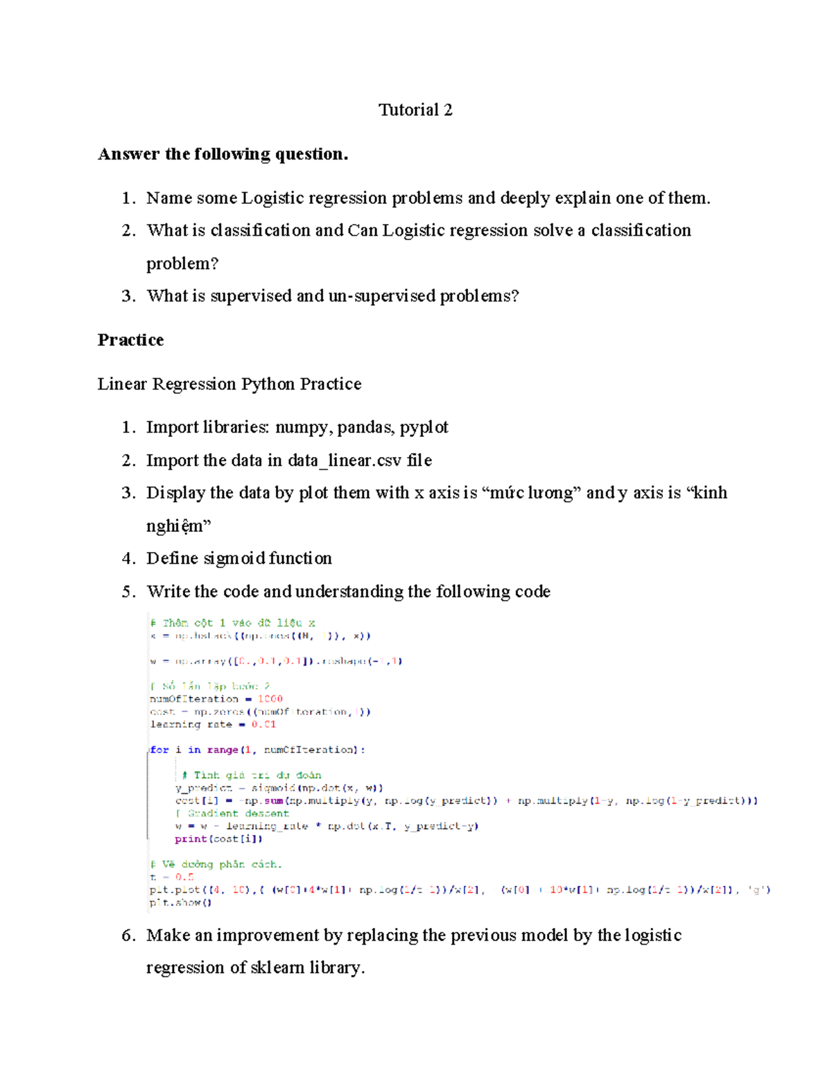 Tutorial 2: Logistic Regression & Linear Regression Practice - Studocu