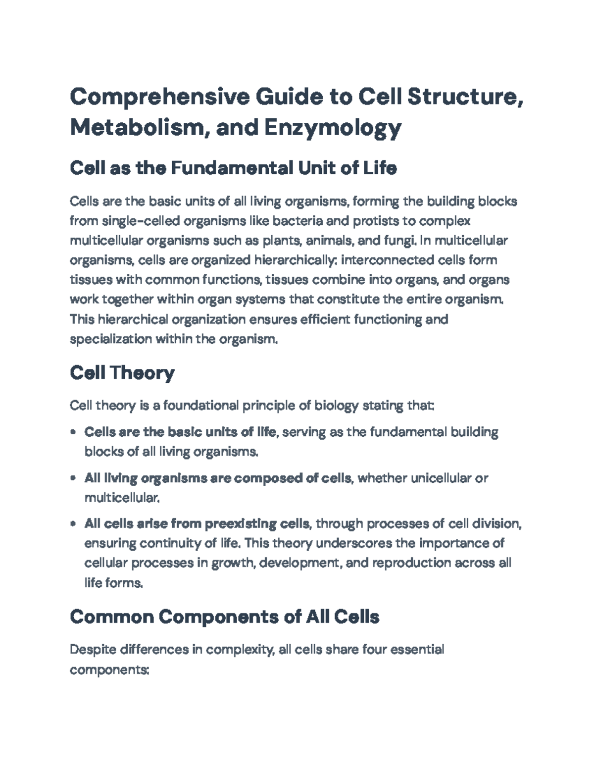 Comprehensive Study of Cell Structure, Metabolism, and Enzymology - Studocu