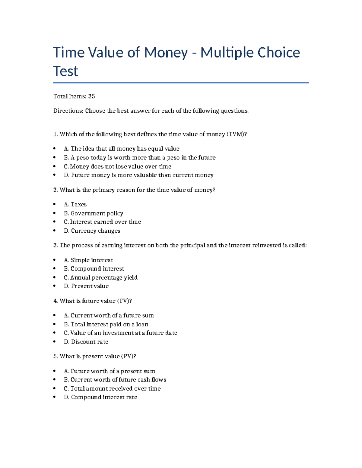 Time Value of Money (TVM) MCQ Test - 35 Questions - Studocu