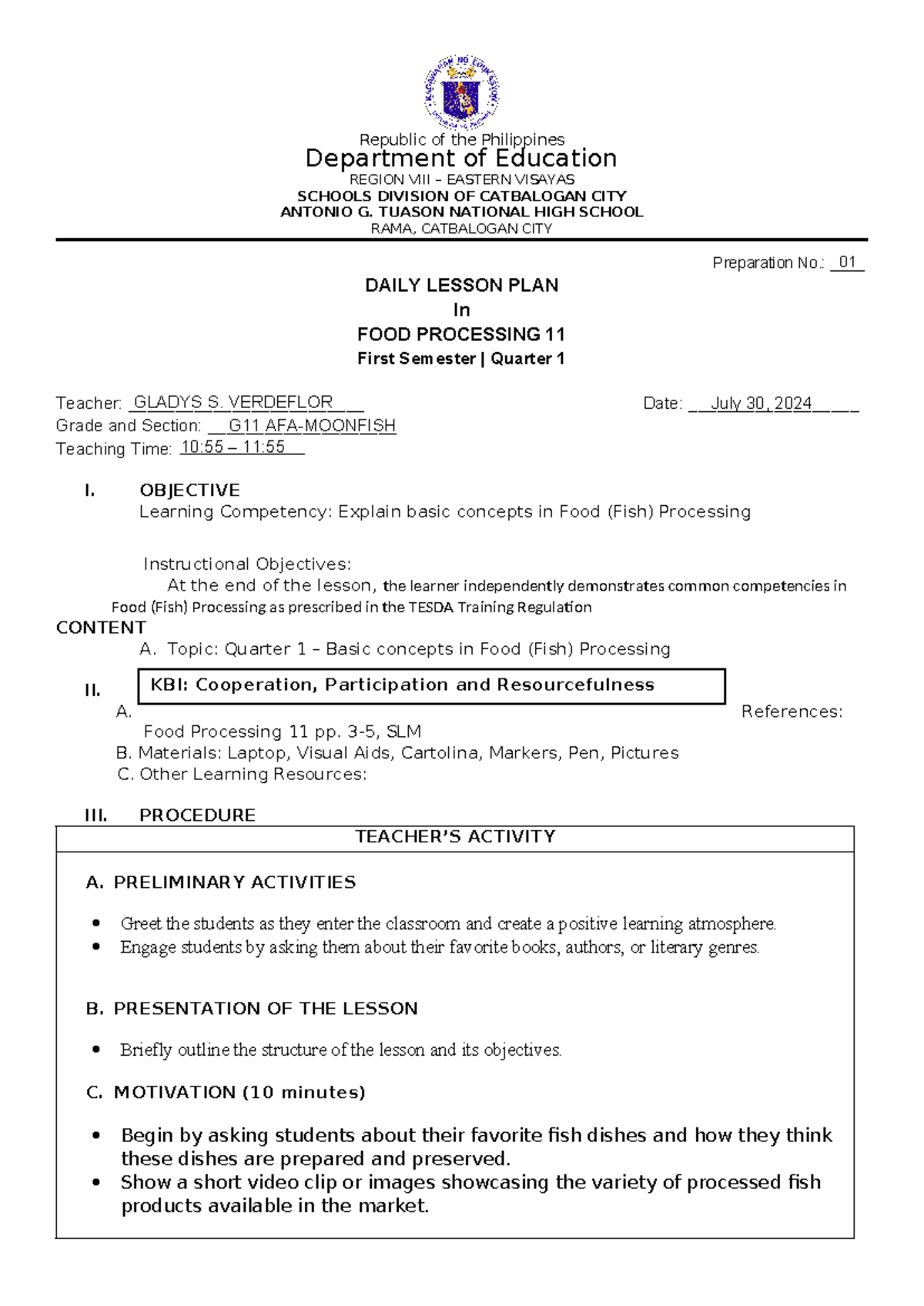 Food Processing 11 - Daily Lesson Plan for Quarter 1 - Studocu