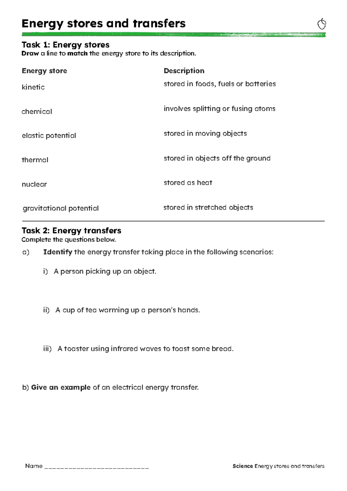 Energy Stores and Transfers: Worksheet for Science Class - Studocu