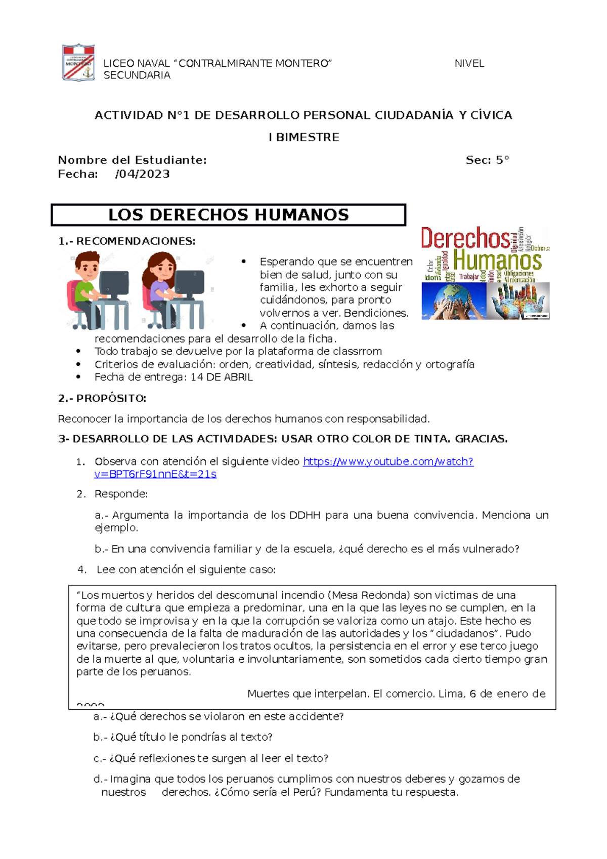 Ficha 3 DPCC 5° Derechos Humanos - LICEO NAVAL “CONTRALMIRANTE MONTERO ...
