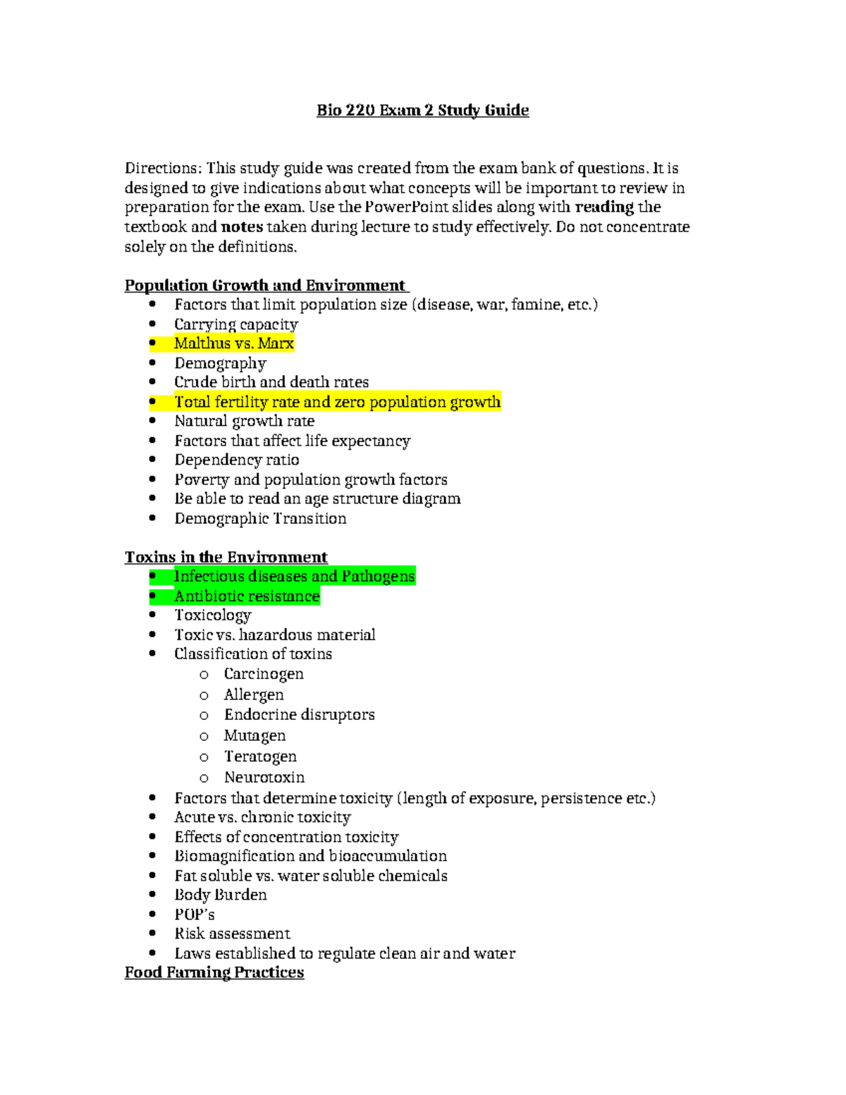 Bio 220 Exam 2 Study guide - Bio 220 Exam 2 Study Guide Directions ...