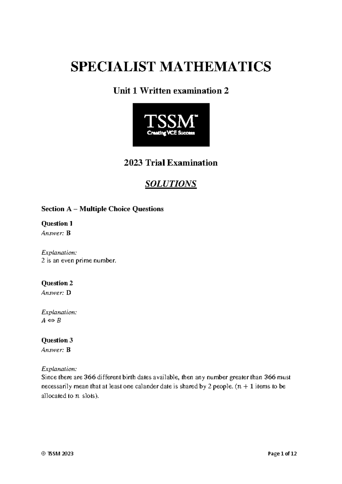 2023 TSSM Specialist Mathematics Unit 1 Exam 2 Solutions - Studocu