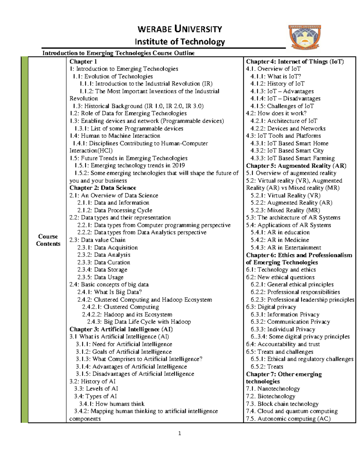 Introduction to Emerging Technologies (ET 101) Course Outline - Studocu