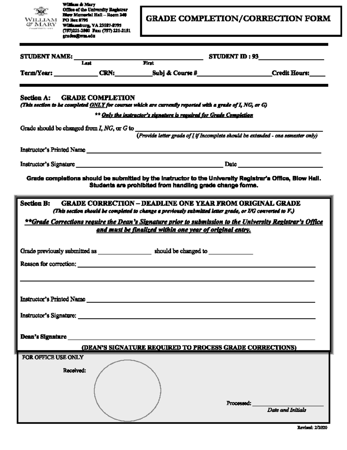 Grade Completion & Correction Form - WILLIAM MARY - Studocu