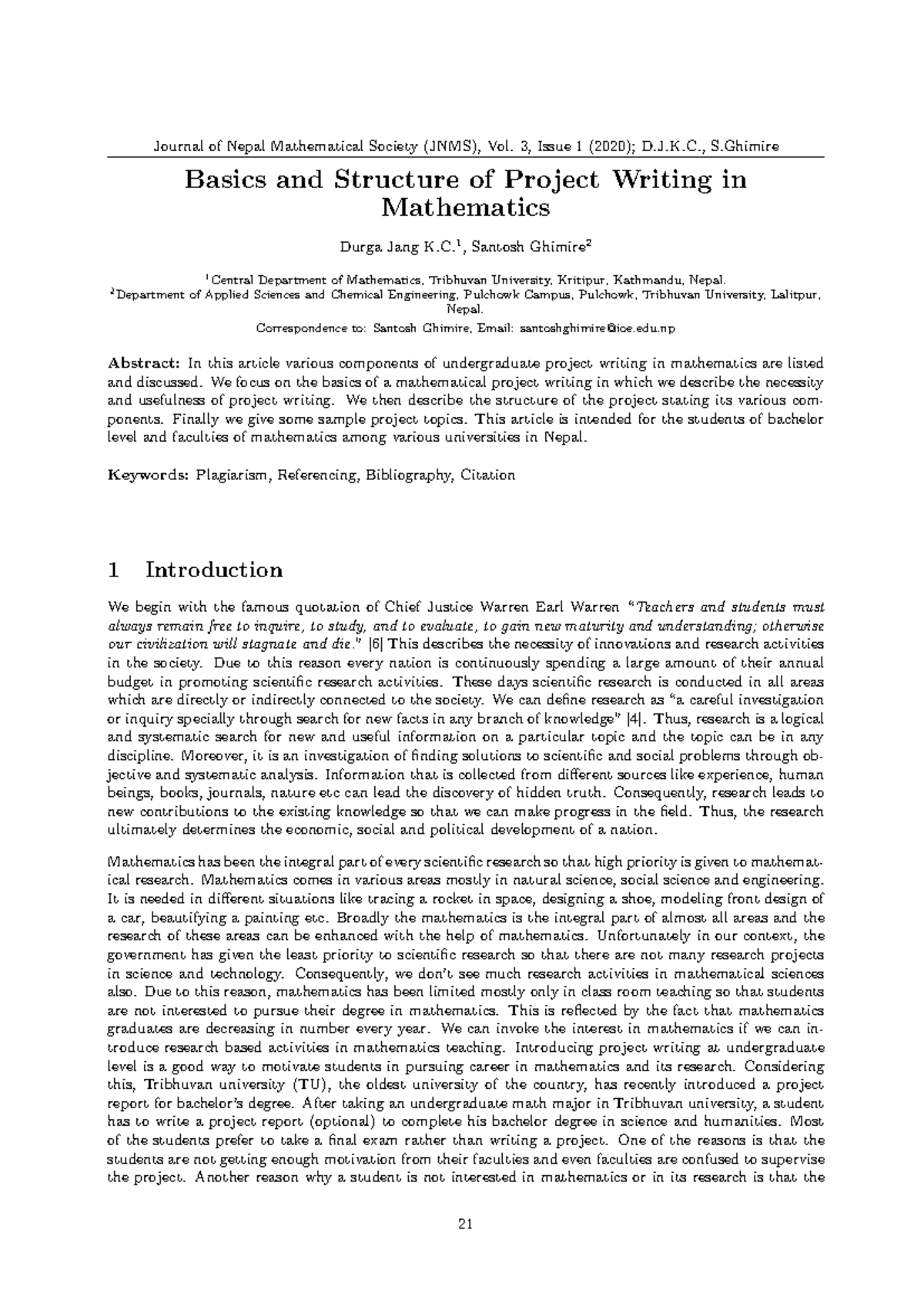 Basics and Structure of Project Writing in Mathematics (JNMS Vol. 3 ...