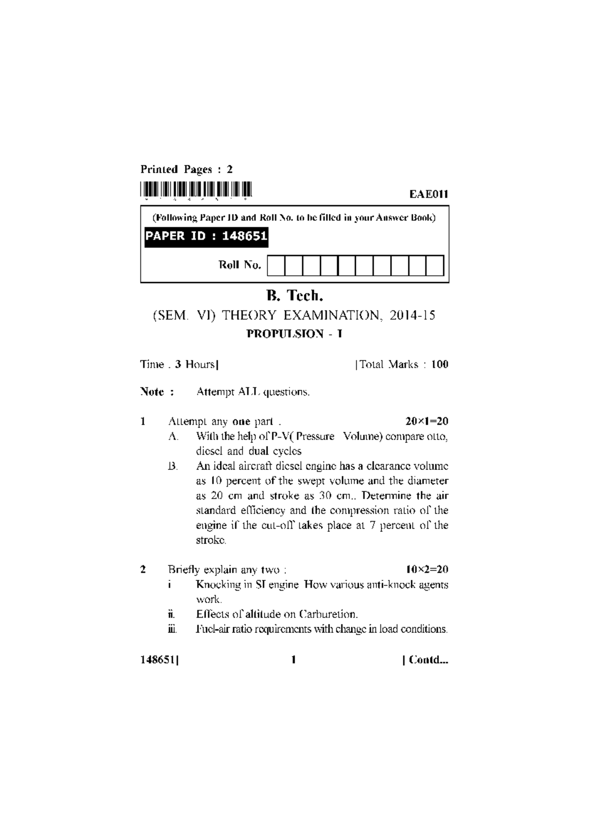 AKTU Question paper Propulsion subject - technology - Studocu