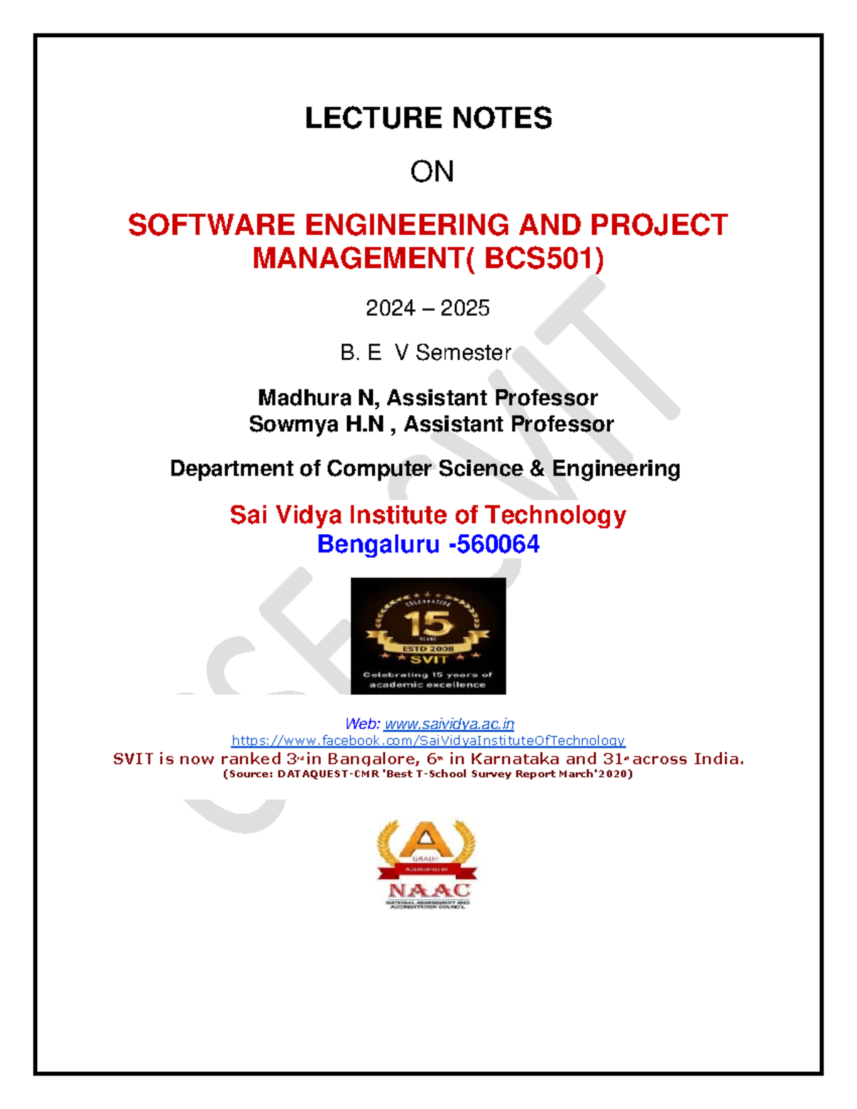 LECTURE NOTES ON SOFTWARE ENGINEERING & PROJECT MANAGEMENT (BCS501 ...