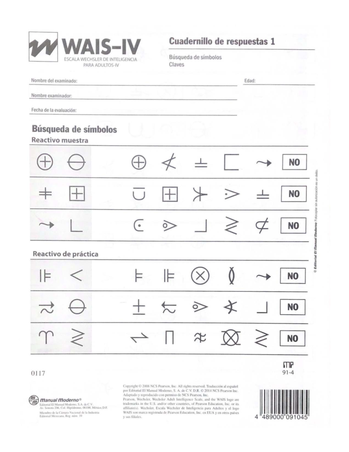 WAIS-IV Cuadernillo de Respuestas para Búsqueda de Símbolos - Studocu