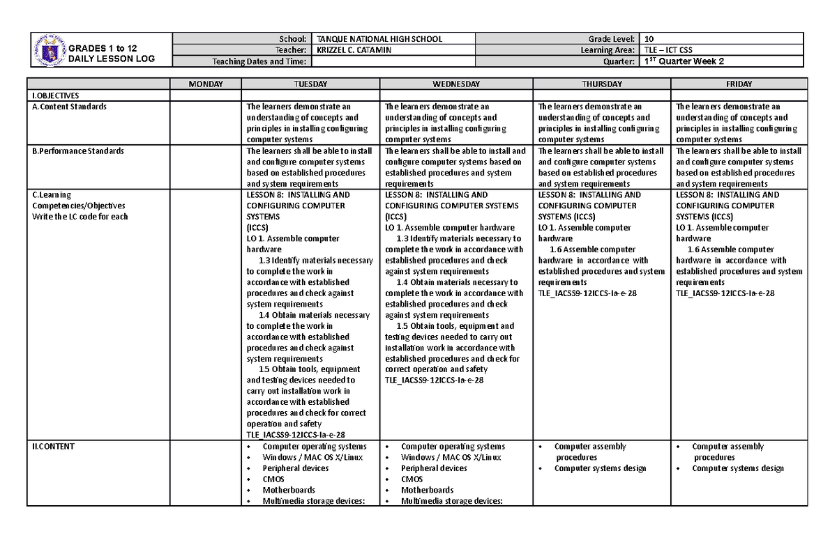 TLE ICT 10 - Daily Lesson Log for Quarter 1, Week 2 Activities - Studocu