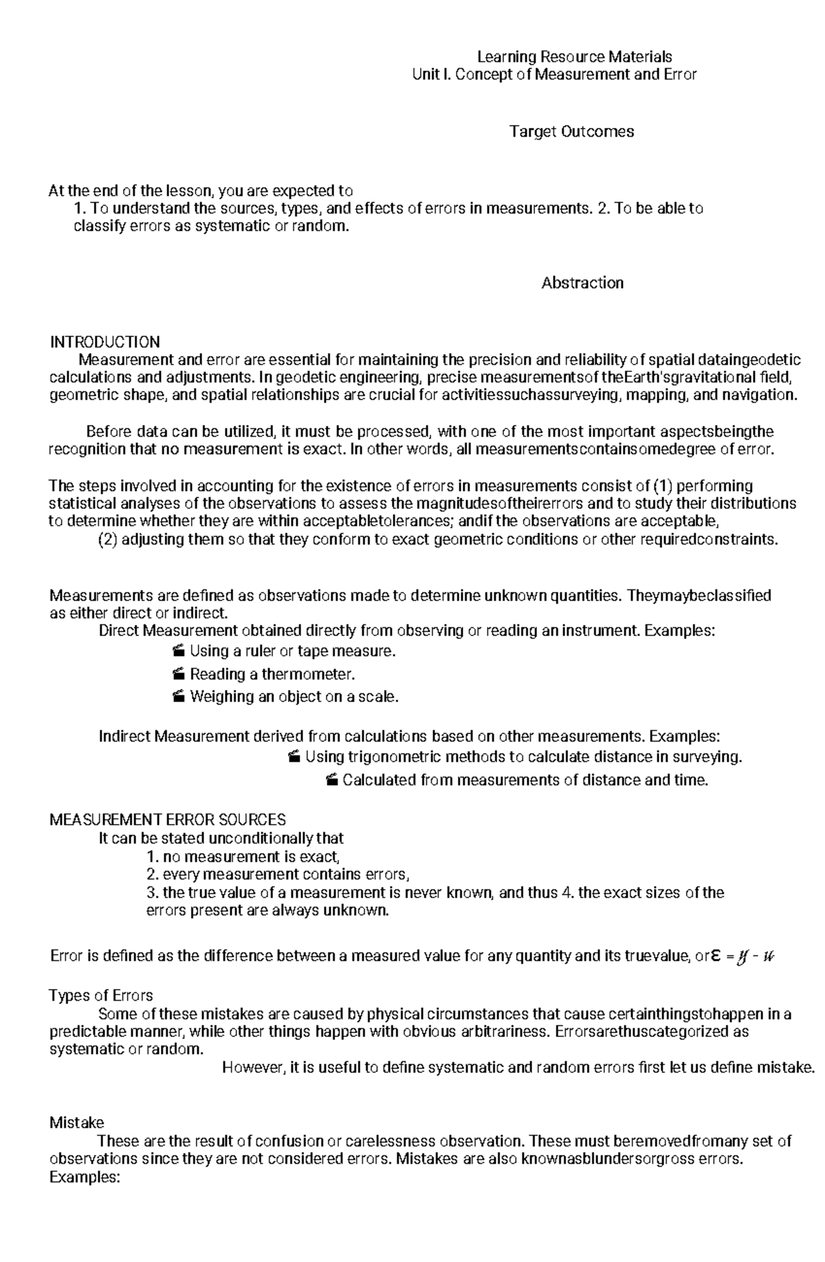 Unit 1 Lecture Notes on Measurement Concepts and Error Types - Studocu