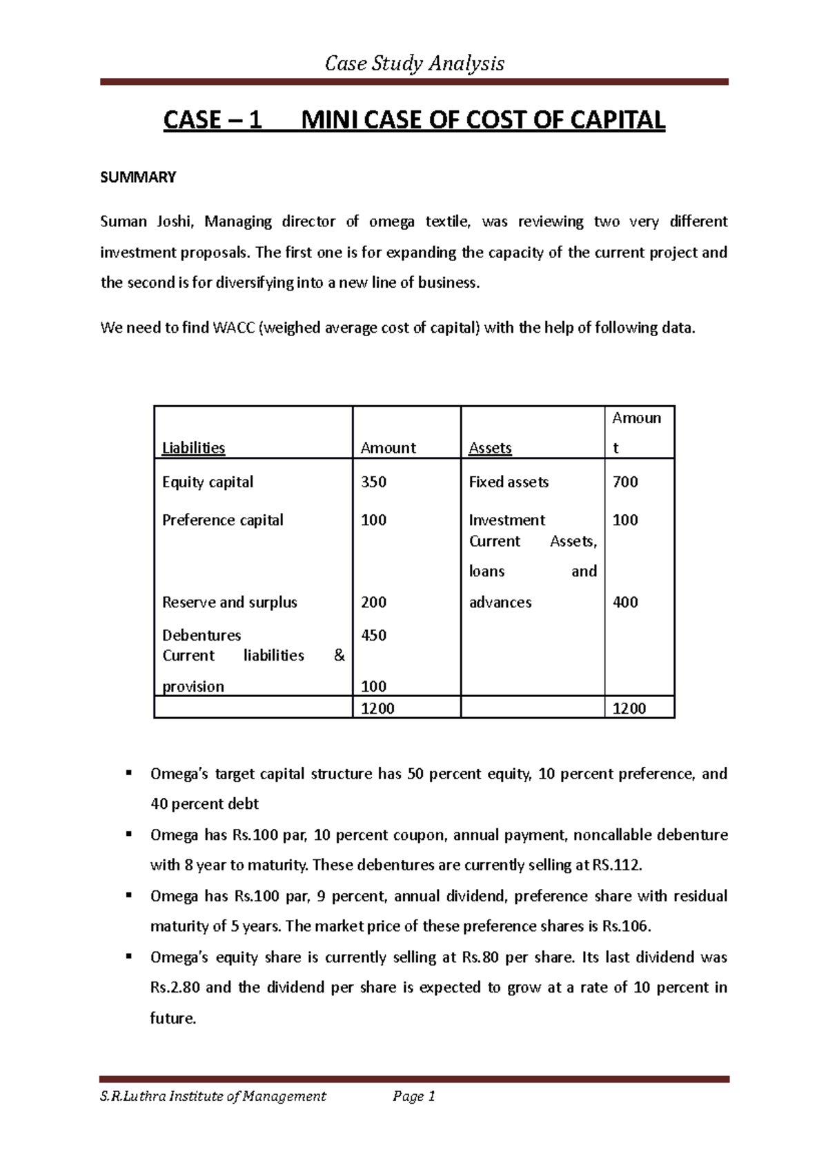 Title: Case Study 1: Cost of Capital Analysis for Omega Textile - Studocu