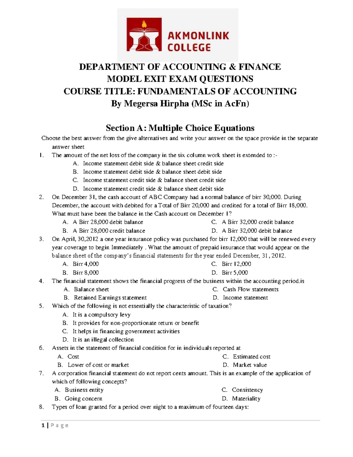 AKMONLINK COLLEGE ACCT 101 MODEL EXIT EXAM QUESTIONS - Studocu