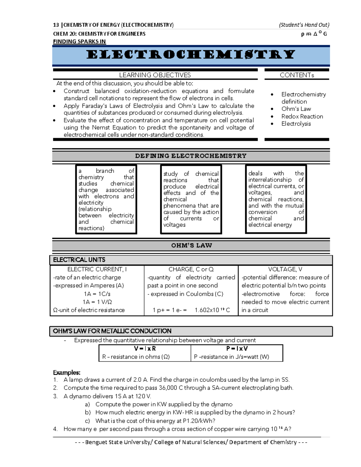 CHEM 20: Electrochemistry Lecture Notes on Energy and Redox Reactions ...