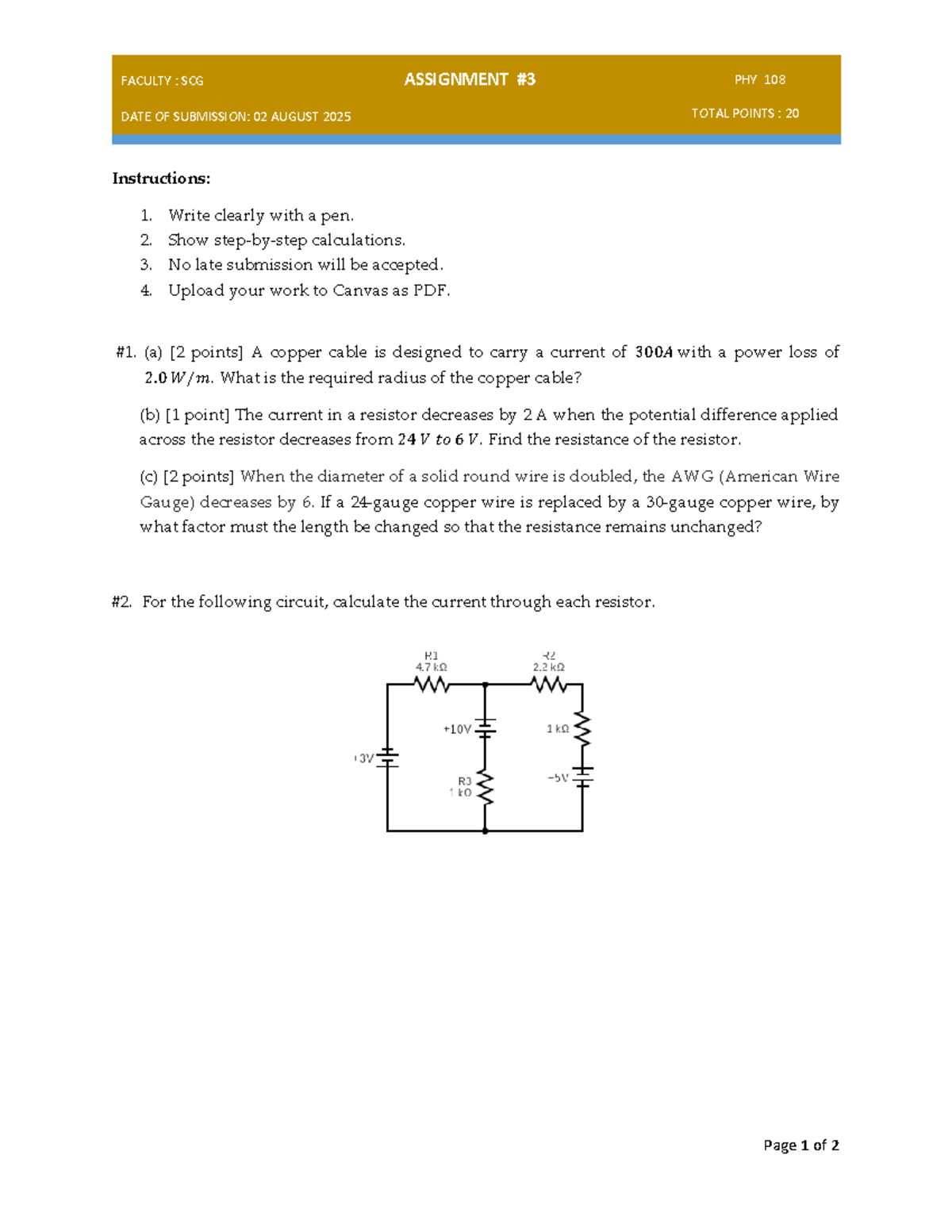 PHY 108 Assignment: Copper Cable & Resistor Calculations - Studocu