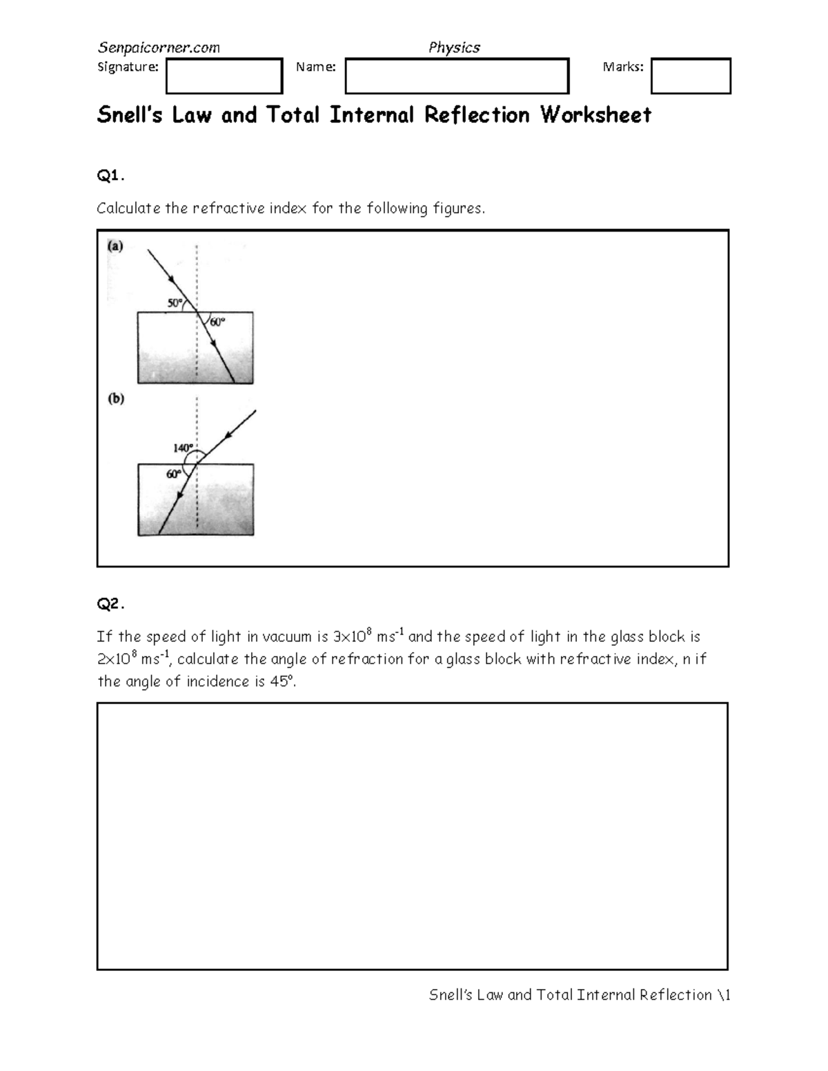 Chapter 5 - Snell's Law & Total Internal Reflection Worksheet - Studocu