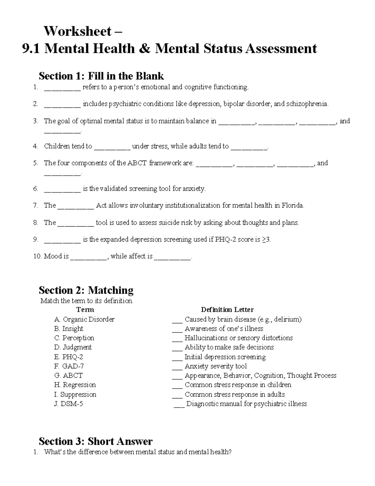 WK 9 9.1 Mental Health Assessment Worksheet: Fill in the Blanks & More ...
