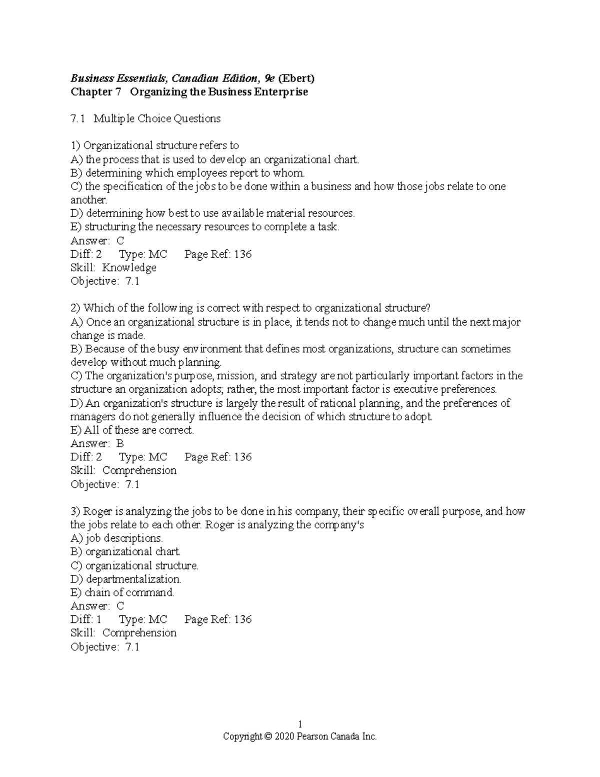 Chapter 07 - Business Enterprise Organization Test Bank (Ebert, 9e ...