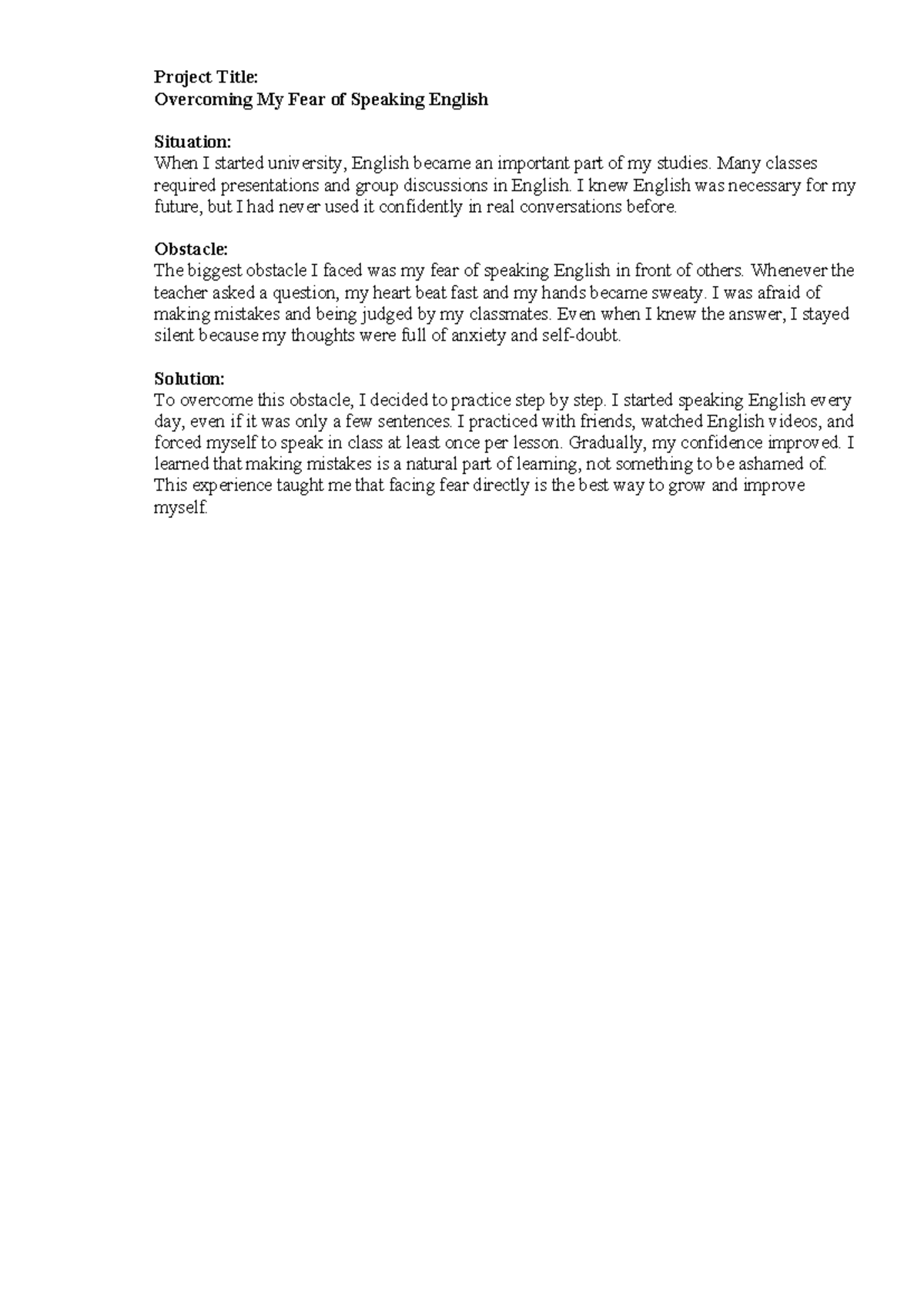 Overcoming My Fear of Speaking English: A Personal Journey - Studocu