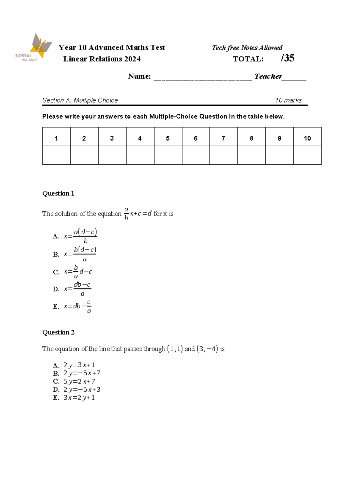 Year 10 Advanced Maths Test: Linear Relations Notes 2024 - Studocu