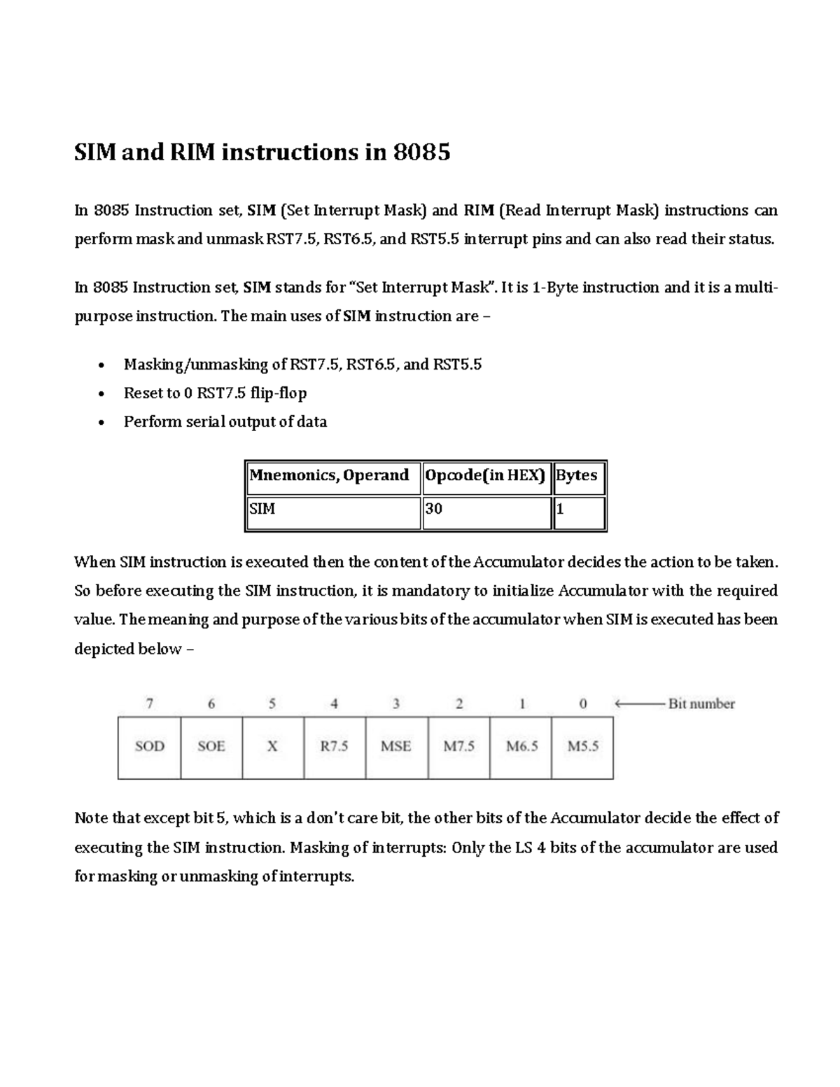 SIM and RIM instructions in 8085 Microprocessor - SIM and RIM instructions in 8085 In 8085 - Studocu