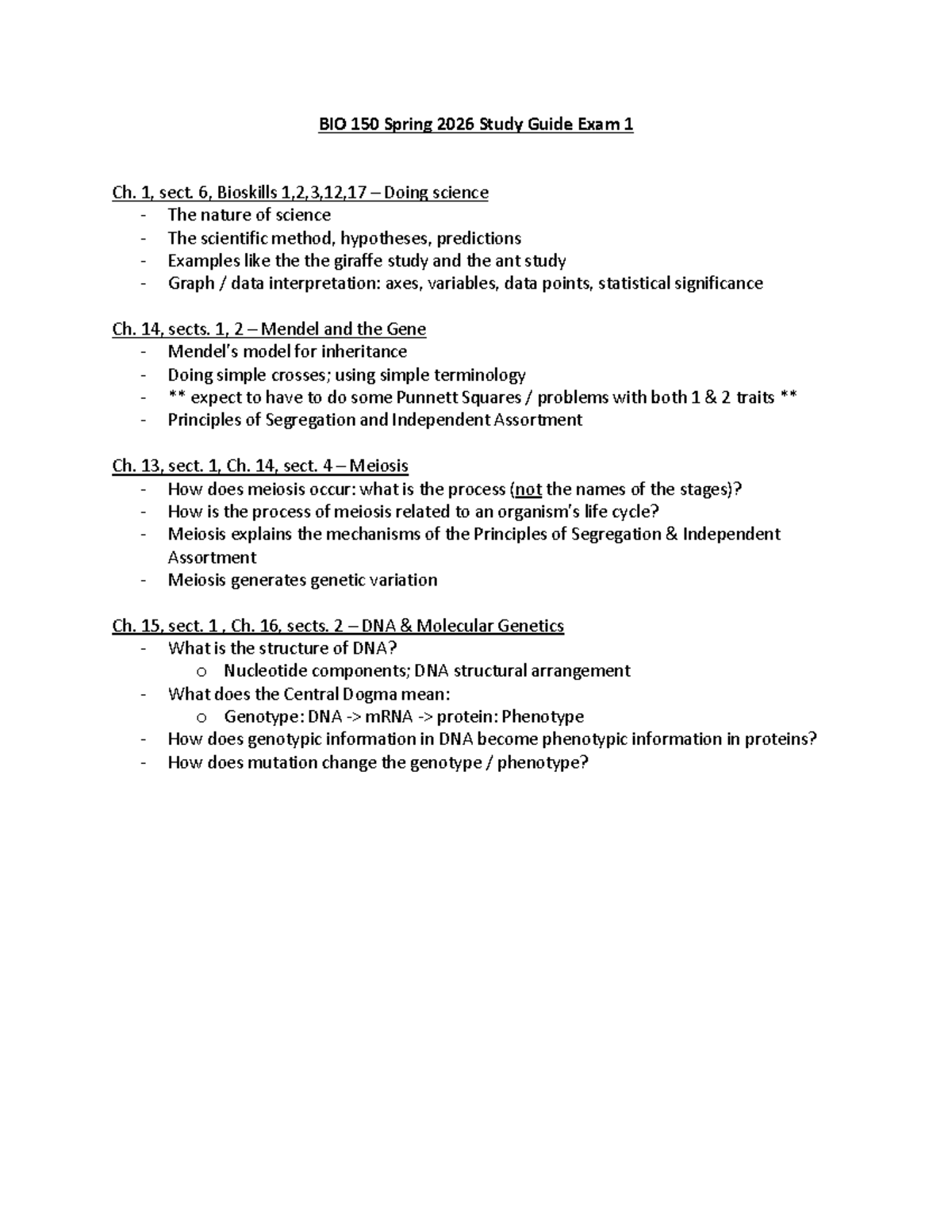 BIO 150 Spring 2026 Exam 1 Study Guide: Genetics & Scientific Method ...