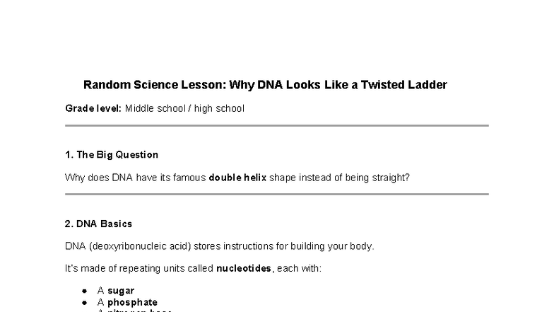 Science Lesson: Understanding DNA's Double Helix Structure - Studocu