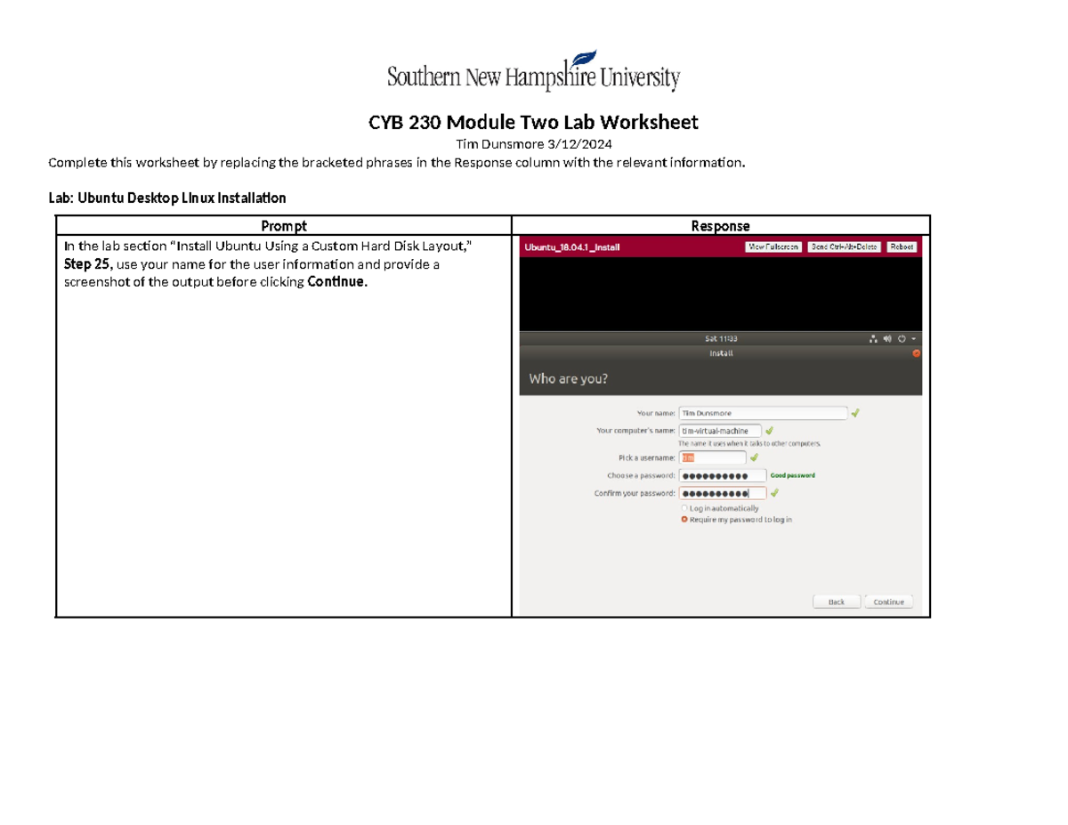 CYB 230 Module 2 Lab Worksheet: Ubuntu Install & Security Practices ...