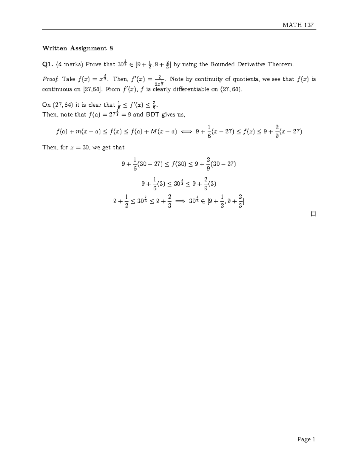 Weekly Assignment 9 Derrivatives Practice Questions 1 - MATH 137 Written Assignment 8 Q1.(4 ...