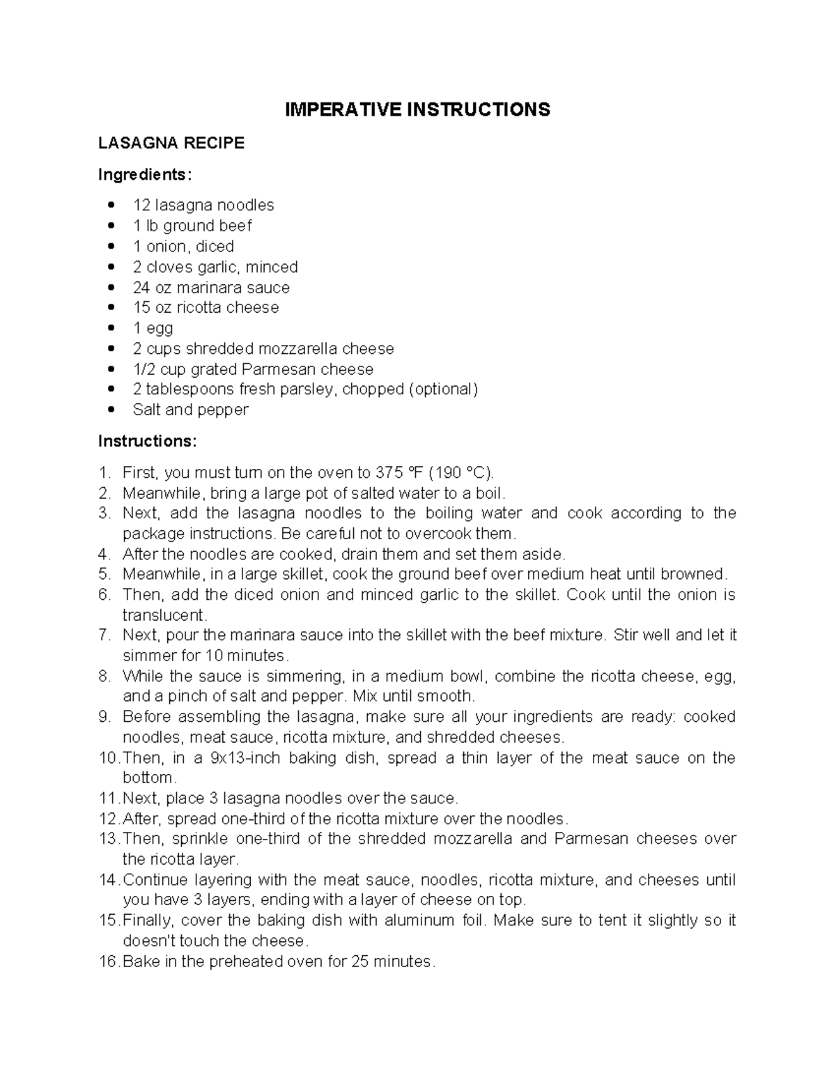 Imperative Instructions (English) - IMPERATIVE INSTRUCTIONS LASAGNA ...