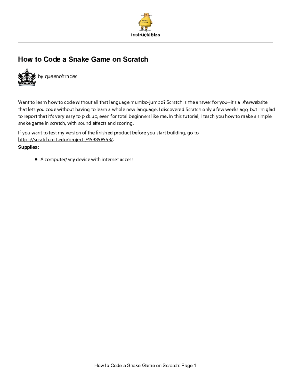 How to Code a Snake Game on Scratch: A Beginner's Guide - Studocu