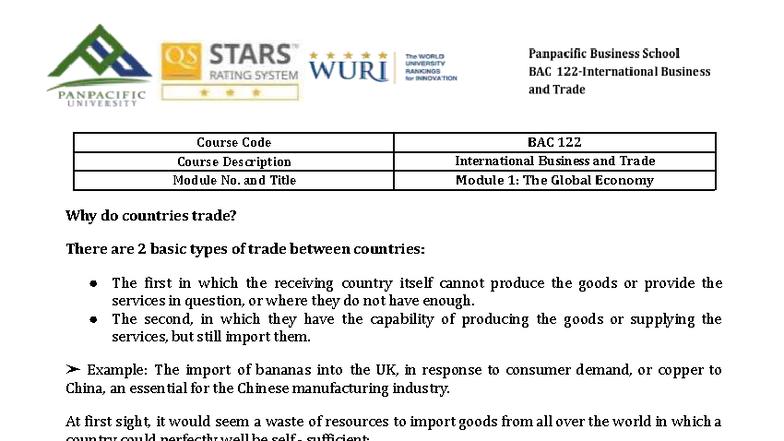 BAC 122 Module 1: The Global Economy and Trade Dynamics - Studocu