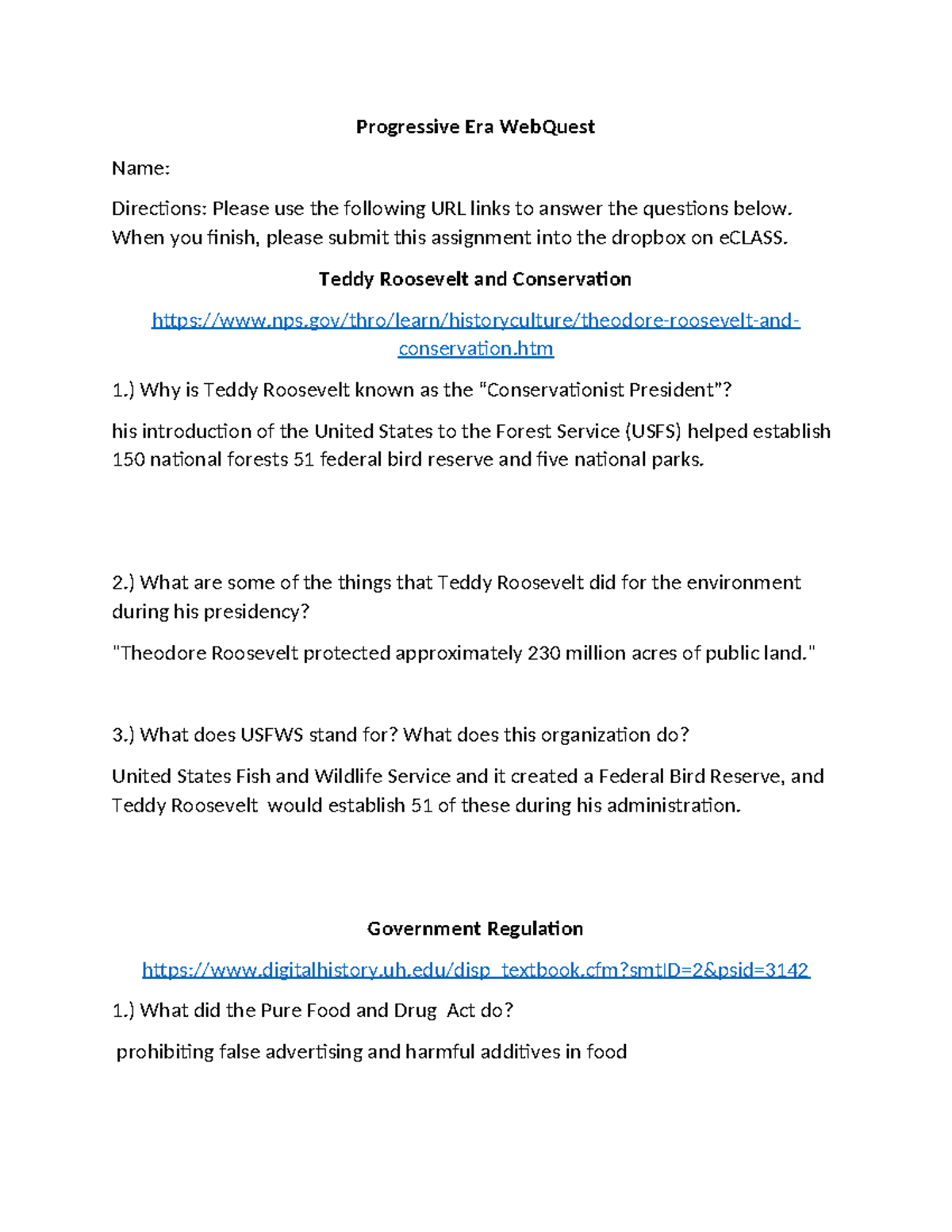 Progressive Era Web Quest 1 - Progressive Era WebQuest Name: Directions ...