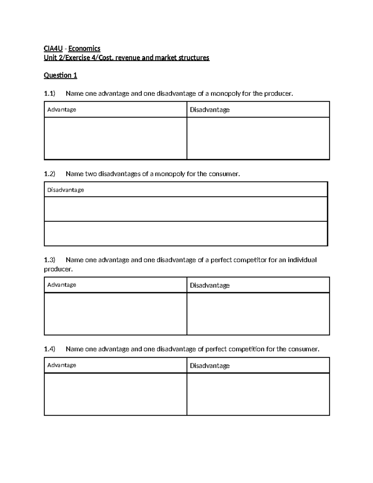 CIA4U Economics Unit: Cost, Revenue & Market Structures Exercise 4 ...