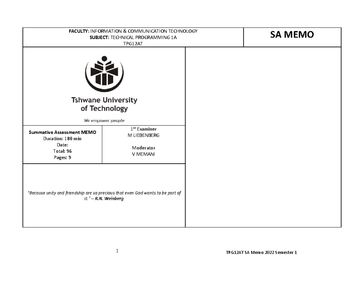 TPG12AT 2022 S1 SA MEMO - FACULTY: INFORMATION & COMMUNICATION ...